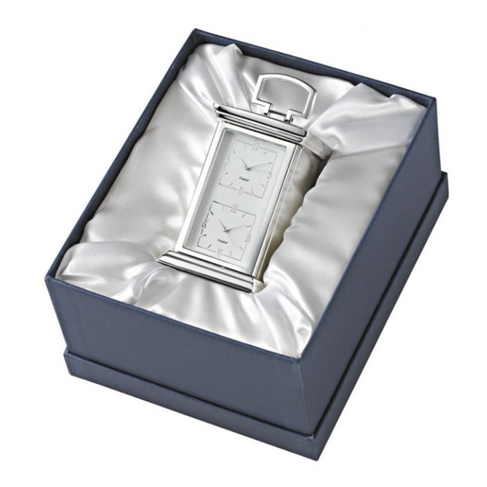 Engraved Silver Plated Dual Time Carriage Clock - Business Gifts Express